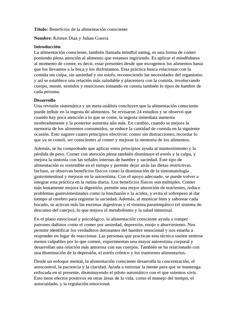 Beneficios de La Alimentacion Consciente Final | PDF | Alimentos | Las ...