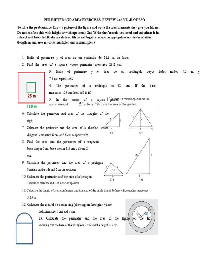 Exercises_Areas_Perimeters 2nd Year of ESO | PDF