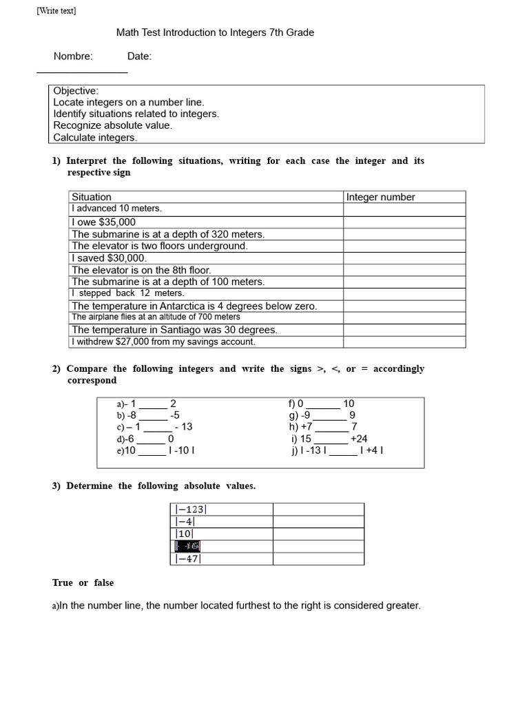Test Introduction To Integers 7th Julia | PDF