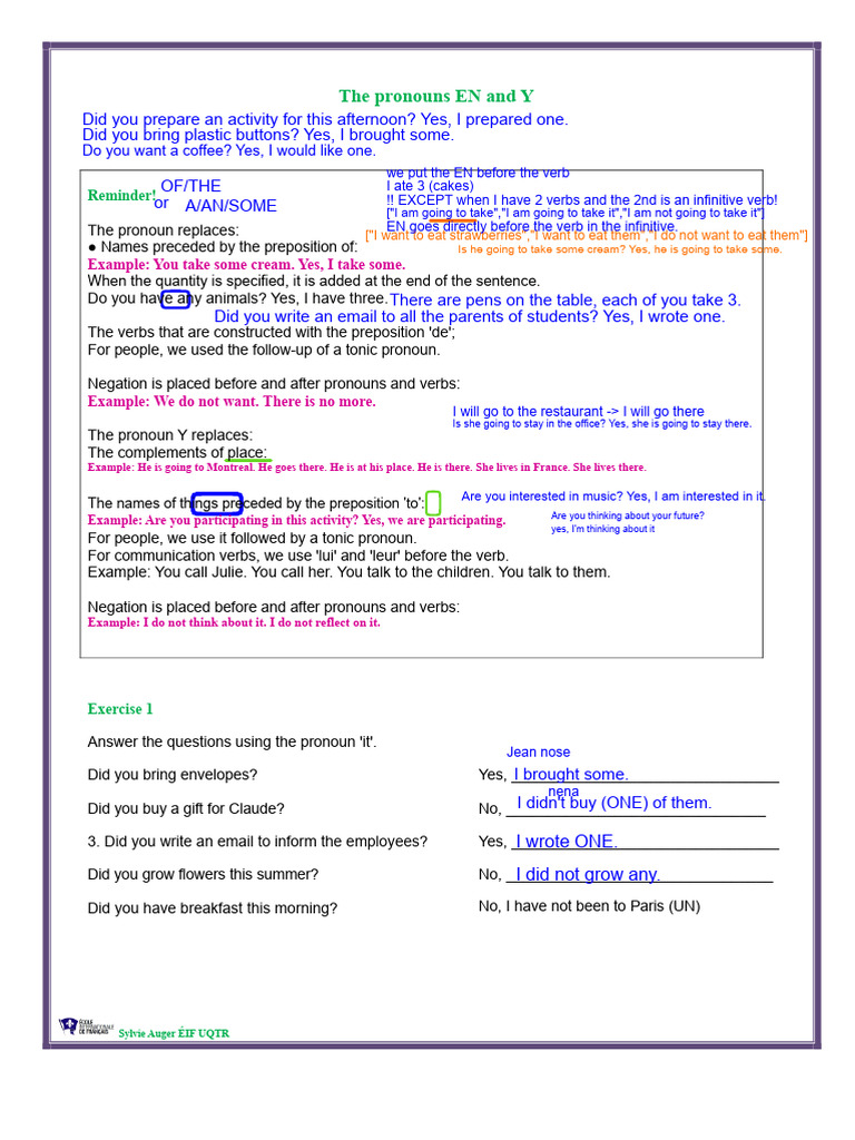 EN and Y Pronouns Exercises PDF | PDF | Verb | Linguistic Typology