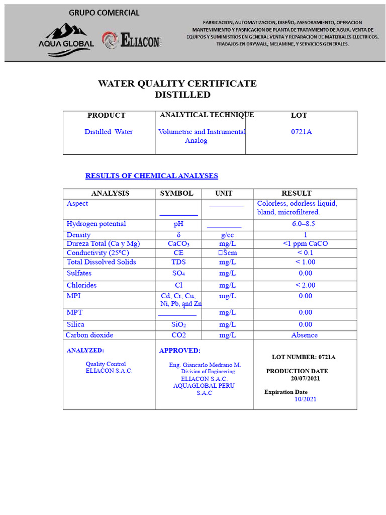 Distilled Water Quality Certificate (LT0721A) - Corporate Group | PDF