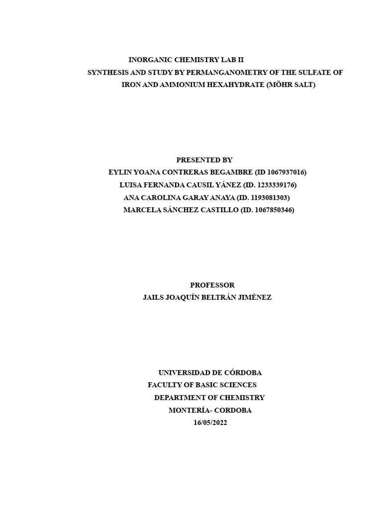 Inorganic Chemistry Lab Ii - Report I Möhr Salt | PDF | Crystallization | Salt (Chemistry)