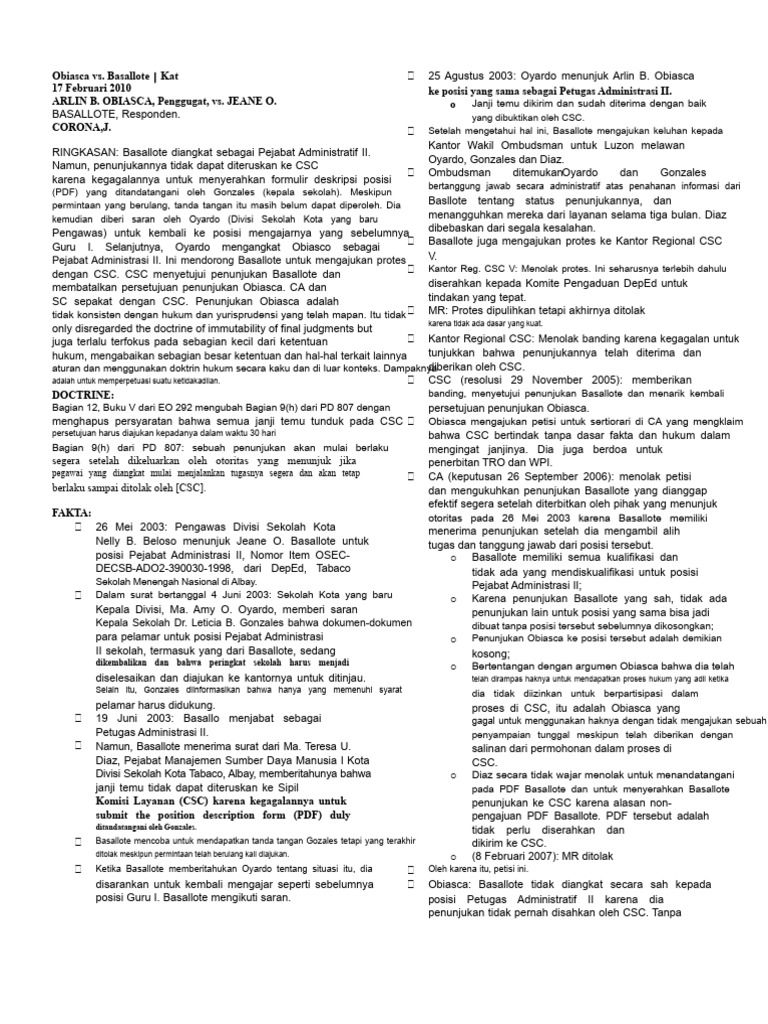 Sengketa Penunjukan Basallote vs. Obiasca | PDF