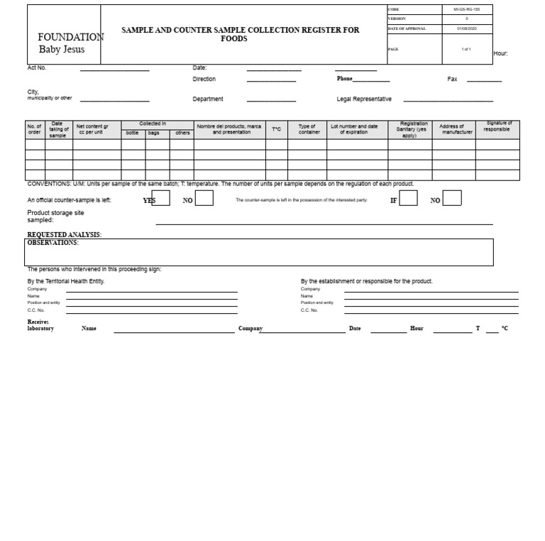 Food Sample Collection Register Template | PDF