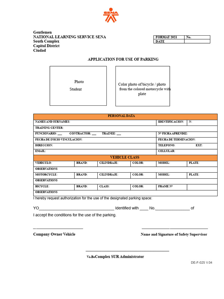 Parking Application Form for SENA Students | PDF