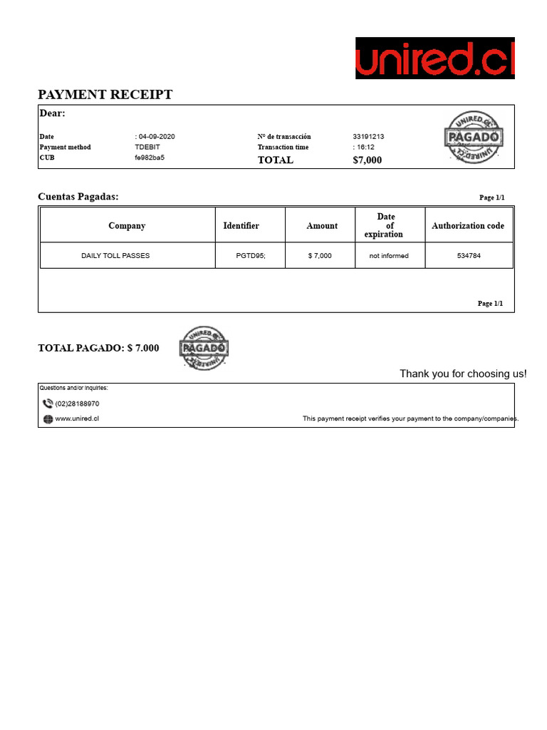 Payment Receipt for Daily Toll Passes | PDF
