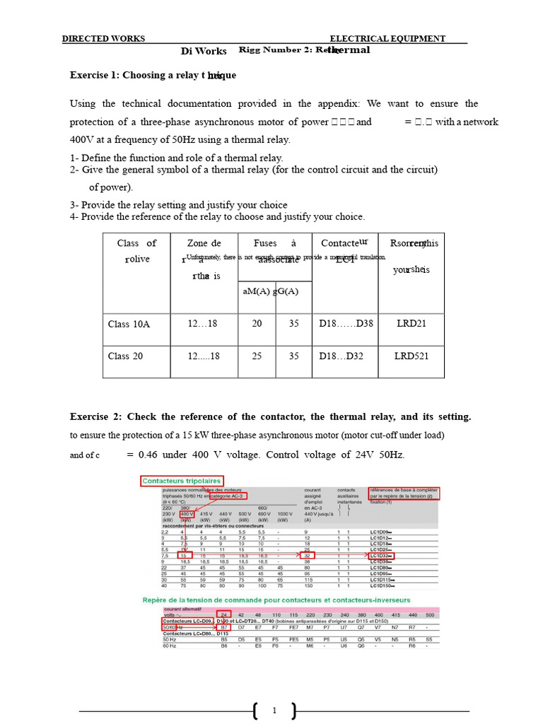 Directed Work 2 Electrical Equipment | PDF | Fuse (Electrical) | Relay
