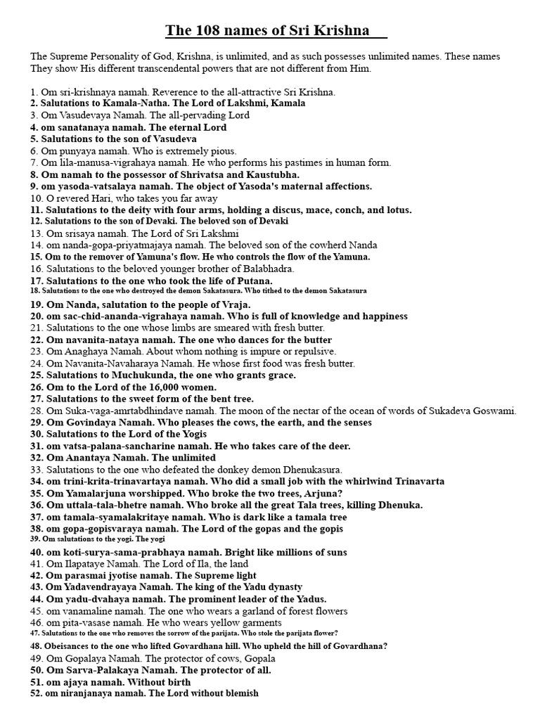 108 Names of Krishna | PDF | Krishna | Hinduism