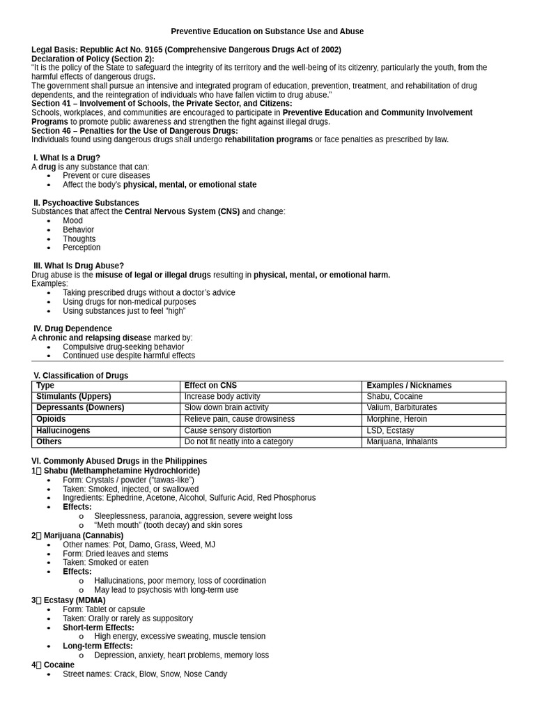 Preventive Education On Substance Use and Abuse HANDOUT | PDF | Drugs ...