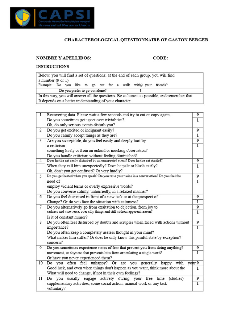 Characterological Questionnaire by Gaston Berger. Capsi | PDF | Feeling ...