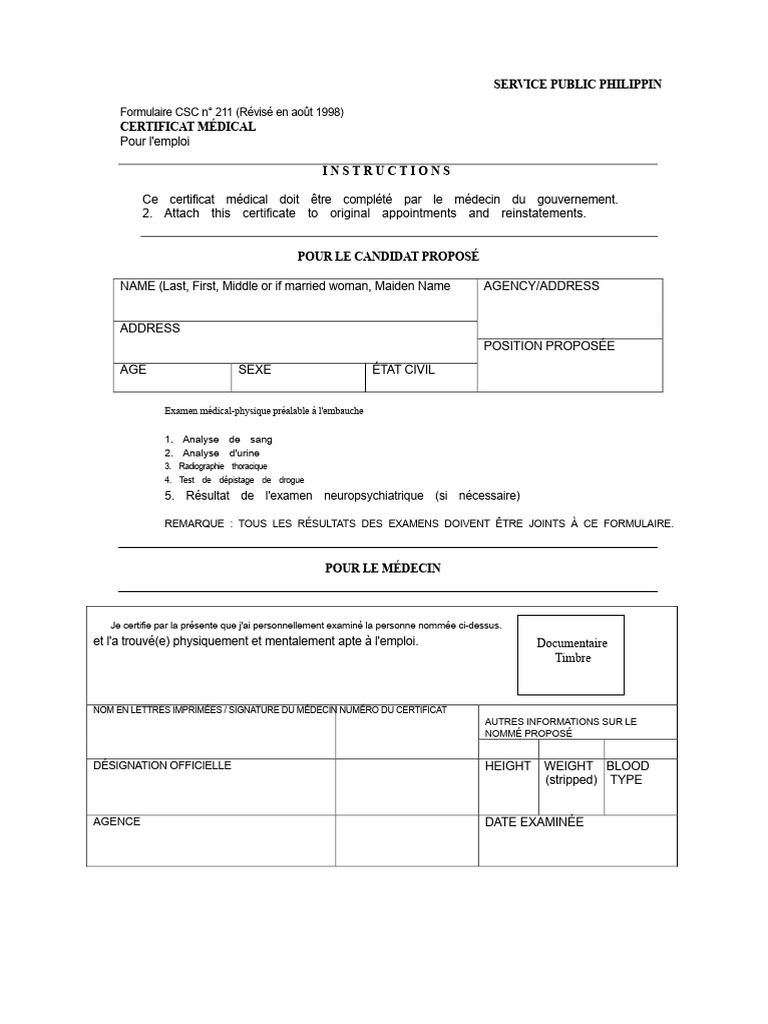 CSC Form 211 - Certificat Médical PDF | PDF
