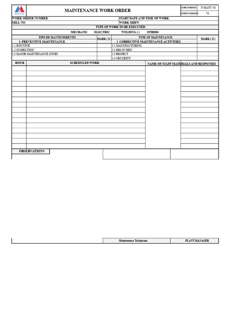 Maintenance Work Order Template | PDF