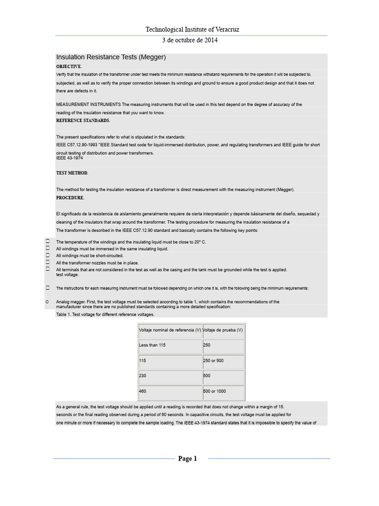 Transformer Insulation Resistance Testing Guide | PDF | Voltage ...