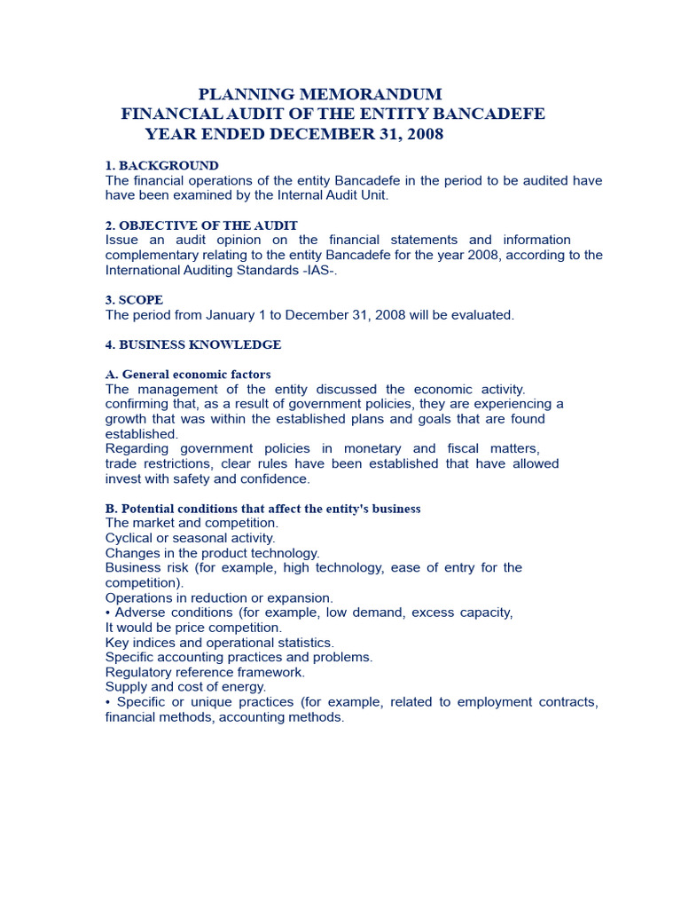 Audit Planning Memorandum | PDF | Audit | Banks