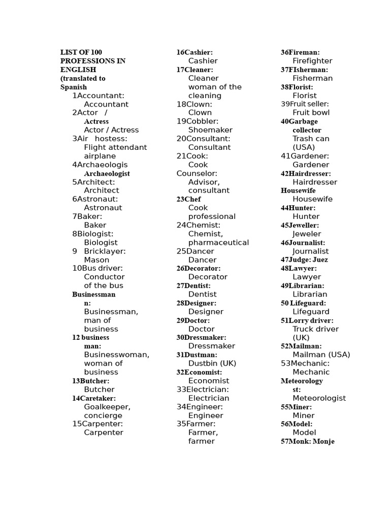 100 Professions in English and Spanish | PDF