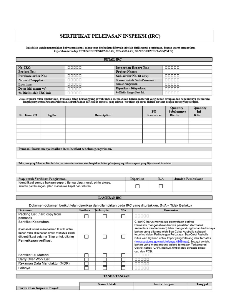 Template Sertifikat Rilis Inspeksi | PDF