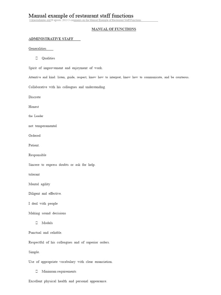 Example Manual of Personnel Functions For A Restaurant | PDF | Expense ...