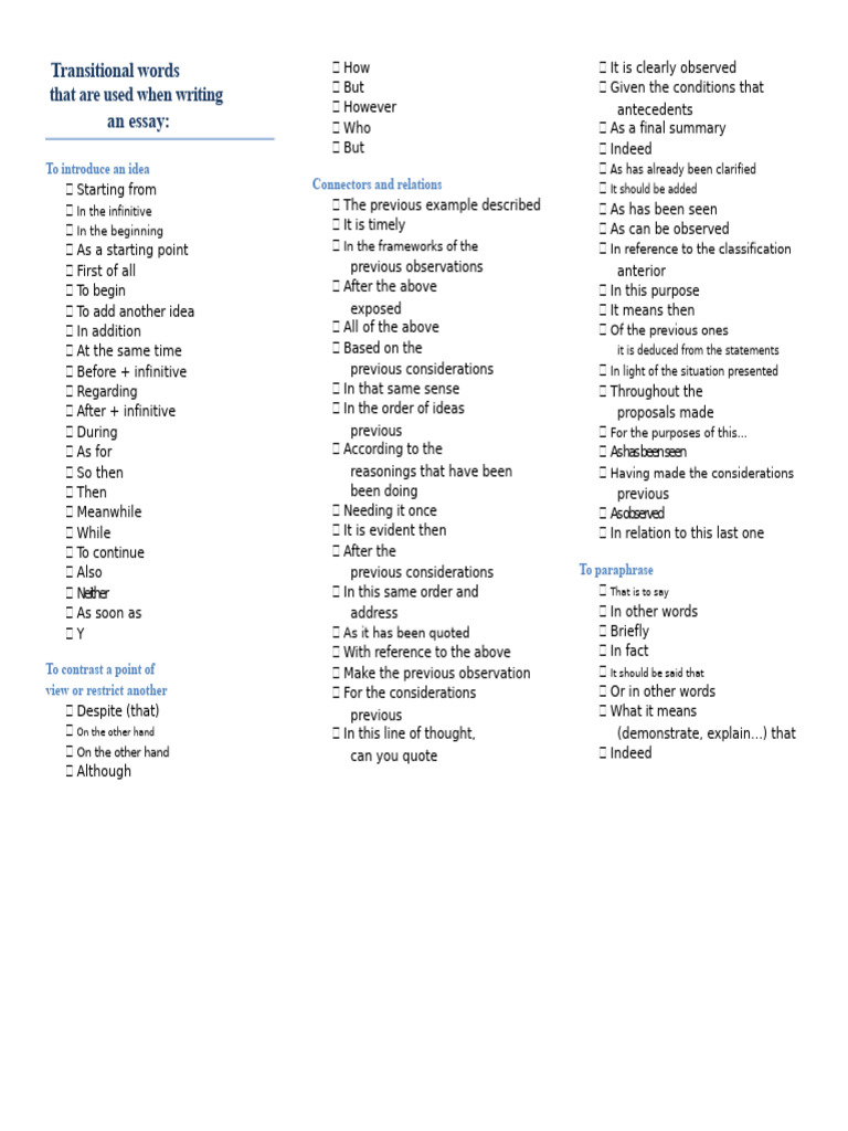 Transition Words Used When Writing an Essay | PDF | Essays | Reason