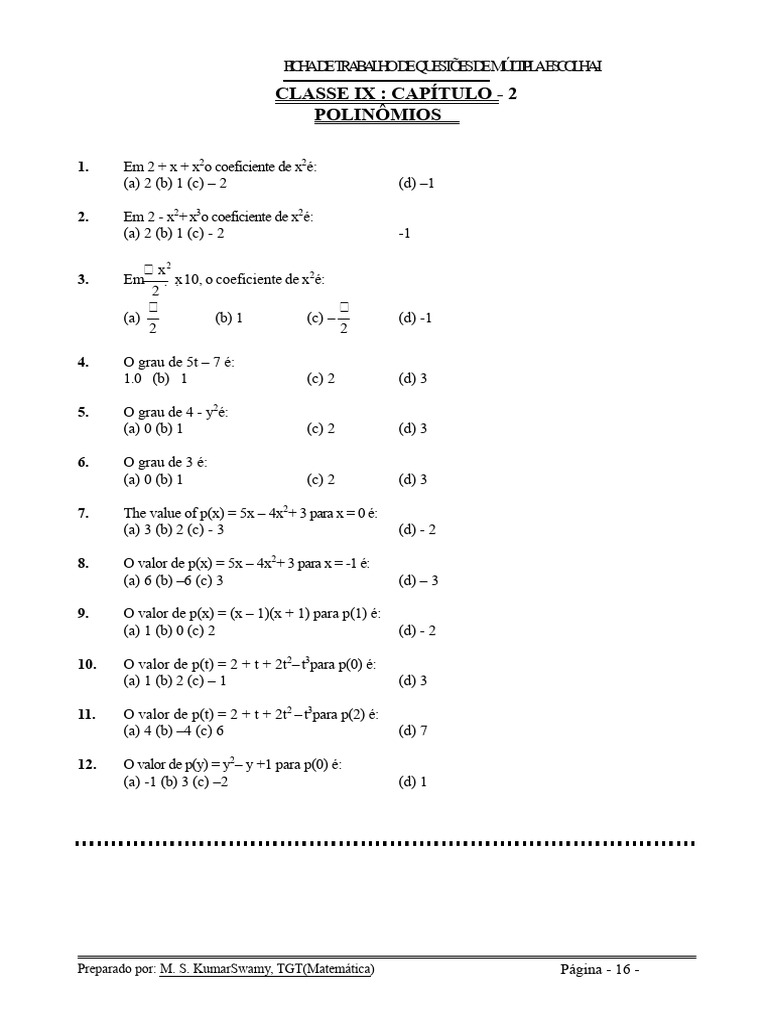 02 Questões de Múltipla Escolha sobre Polinômios | PDF | Matemática ...