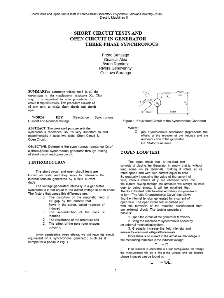 Short Circuit and Open Circuit Tests in Synchronous Generators | PDF ...