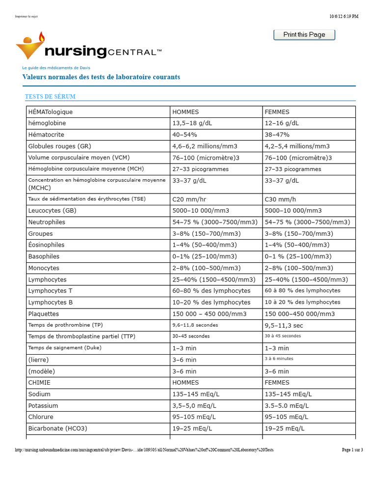 Valeurs Normales des Tests de Laboratoire | PDF | Globule rouge ...