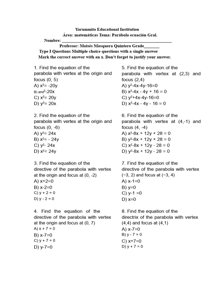 Parabola Equations Practice Questions | PDF