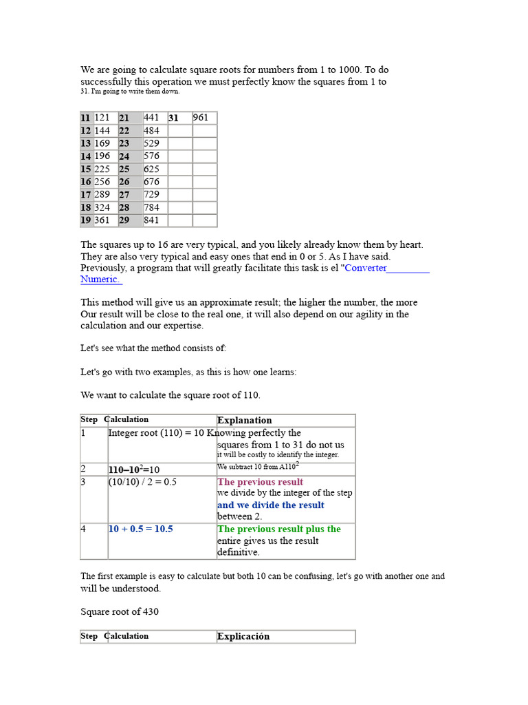 Square Roots from 1 to 1000 Guide | PDF | Number Theory | Arithmetic