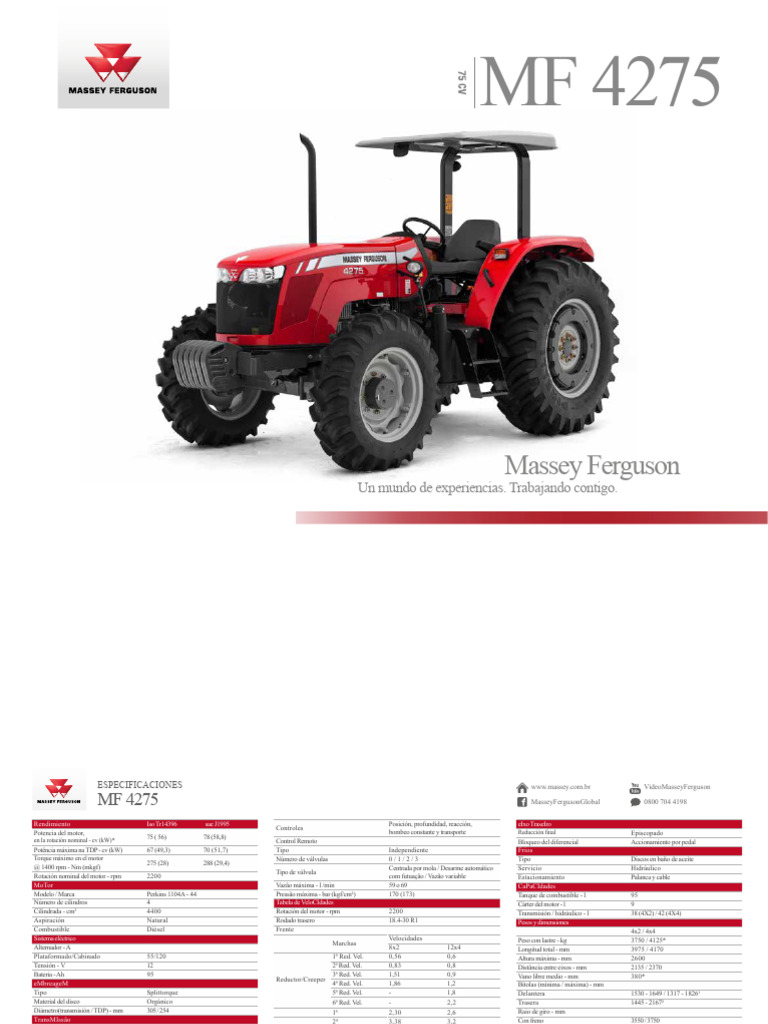 Manual MF 4275 Massey Ferguson PDF | PDF | Tracción en las cuatro ...