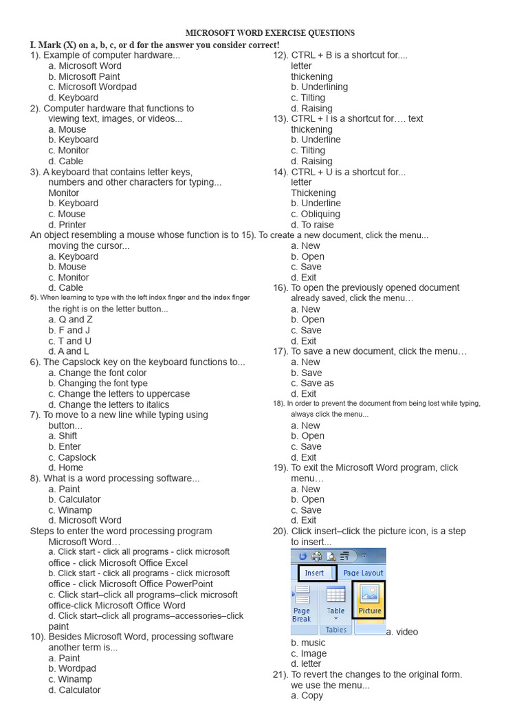Microsoft Word Exercise Questions | PDF | Microsoft Excel | Computer ...