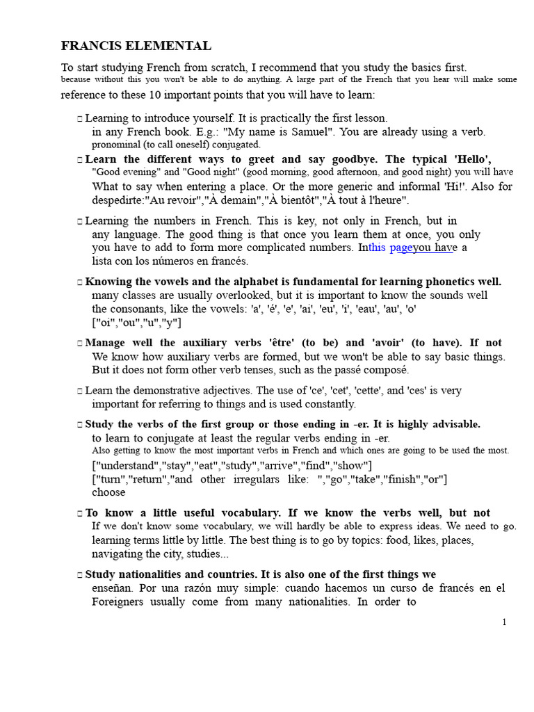 ELEMENTARY FRENCH.doc | PDF | Grammatical Gender | Plural