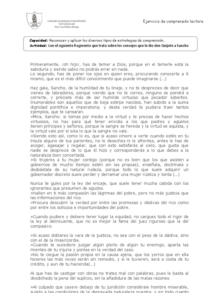 Comprensión Lectora | PDF | Don Quijote | Misericordia