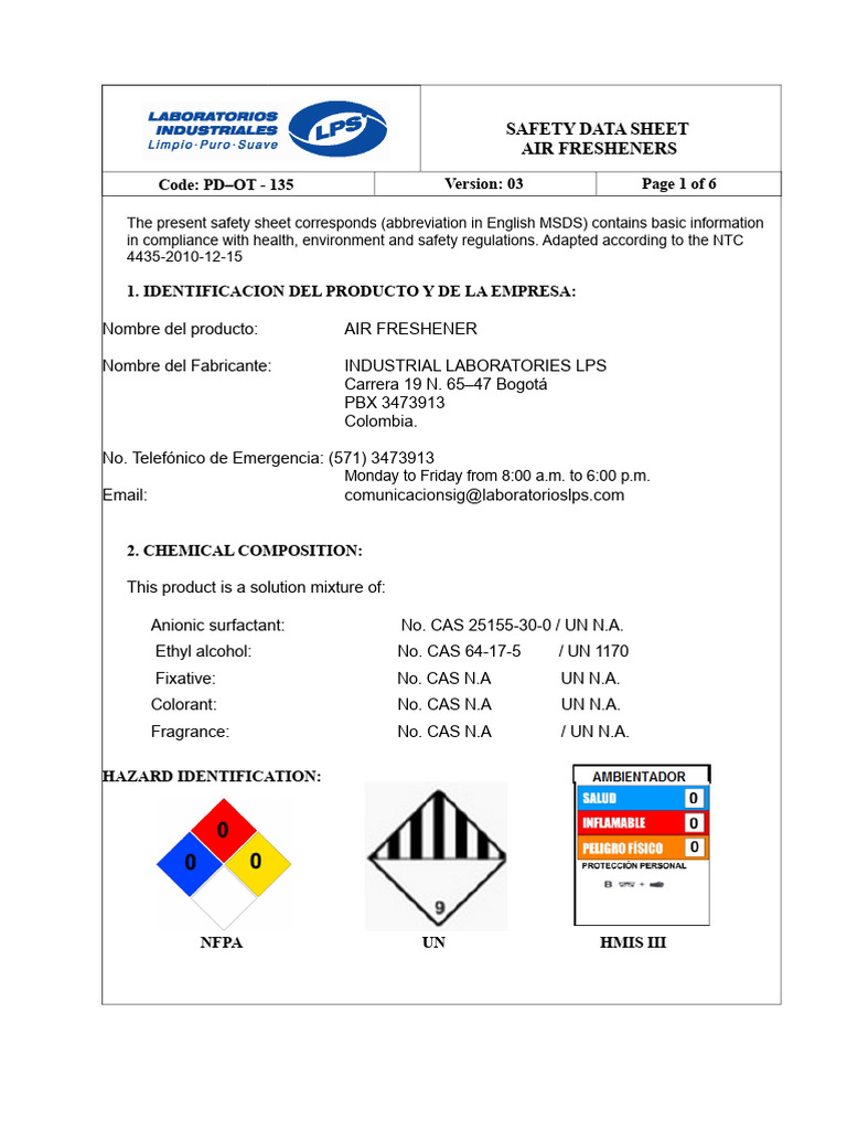 Air Freshener Safety Data Sheet | PDF | Firefighting | Water