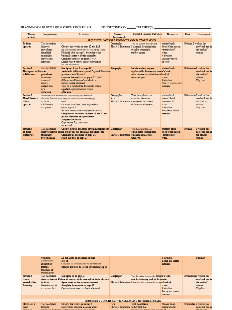 Planning of Block 1 of Mathematics Third Grade | PDF | Area | Angle