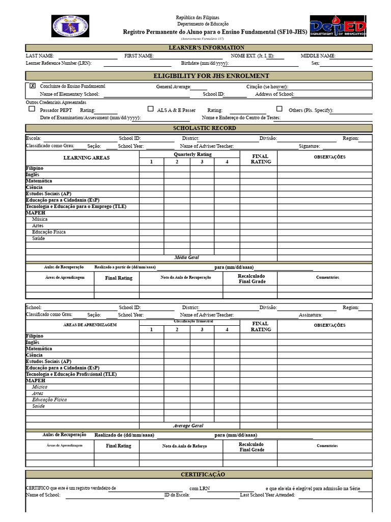 Registro Acadêmico Permanente dos Alunos da Escola-Form-10-SF10 para o Ensino Fundamental | PDF ...