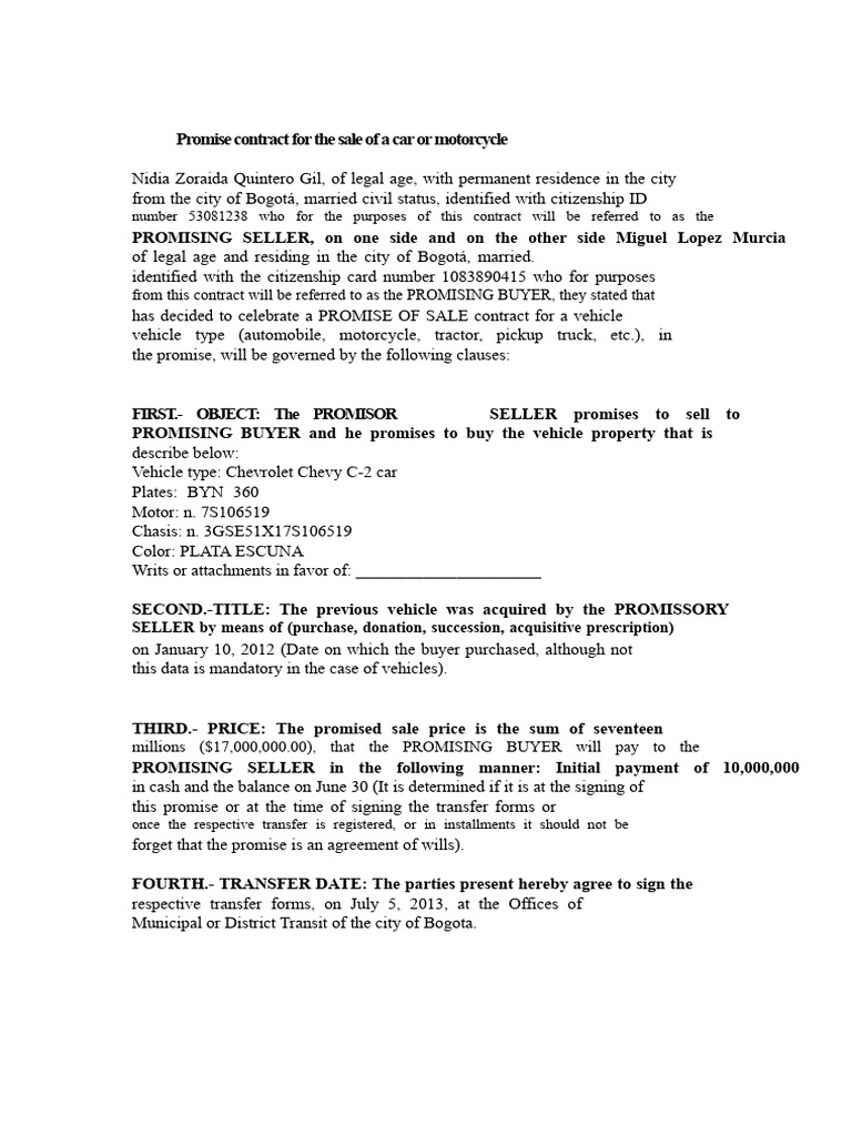Promise of Sale Contract For Vehicle or Motorcycle | PDF | Taxes ...