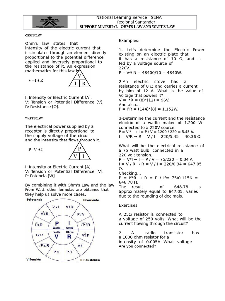 Ohm's and Watt's Law Explained | PDF | Voltage | Volt