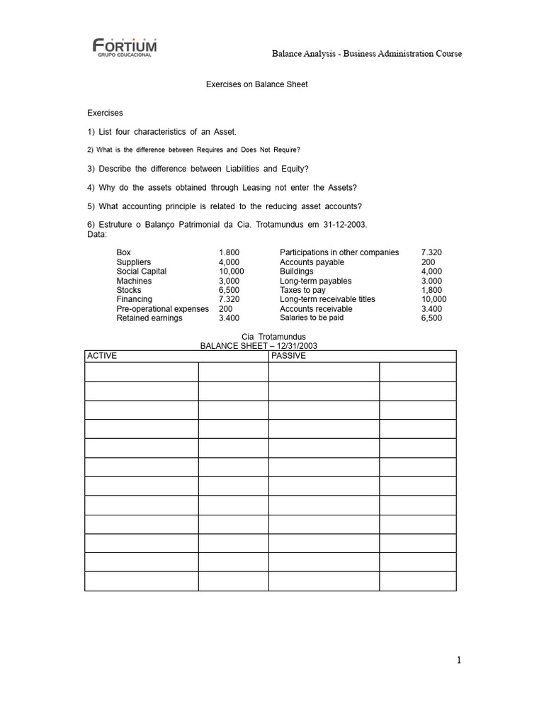 Exercises On Balance Sheet Pdf Balance Sheet Equity Finance