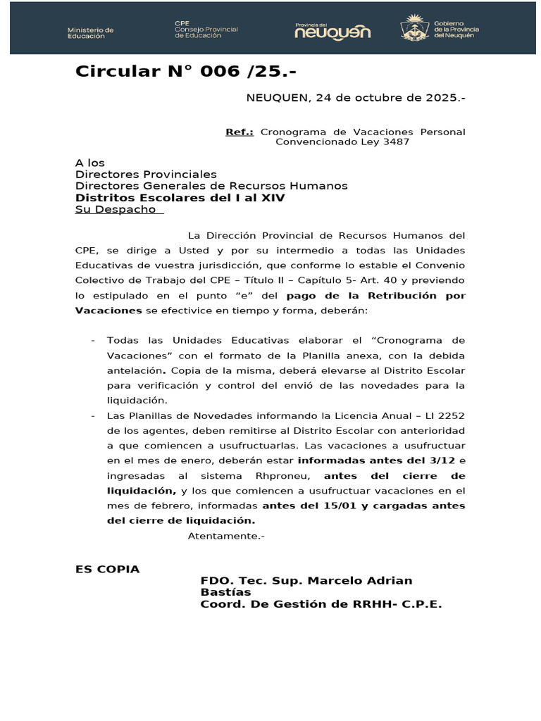25- Circular 006-2025- Retribucion Por Vacaciones Personal Cct | PDF