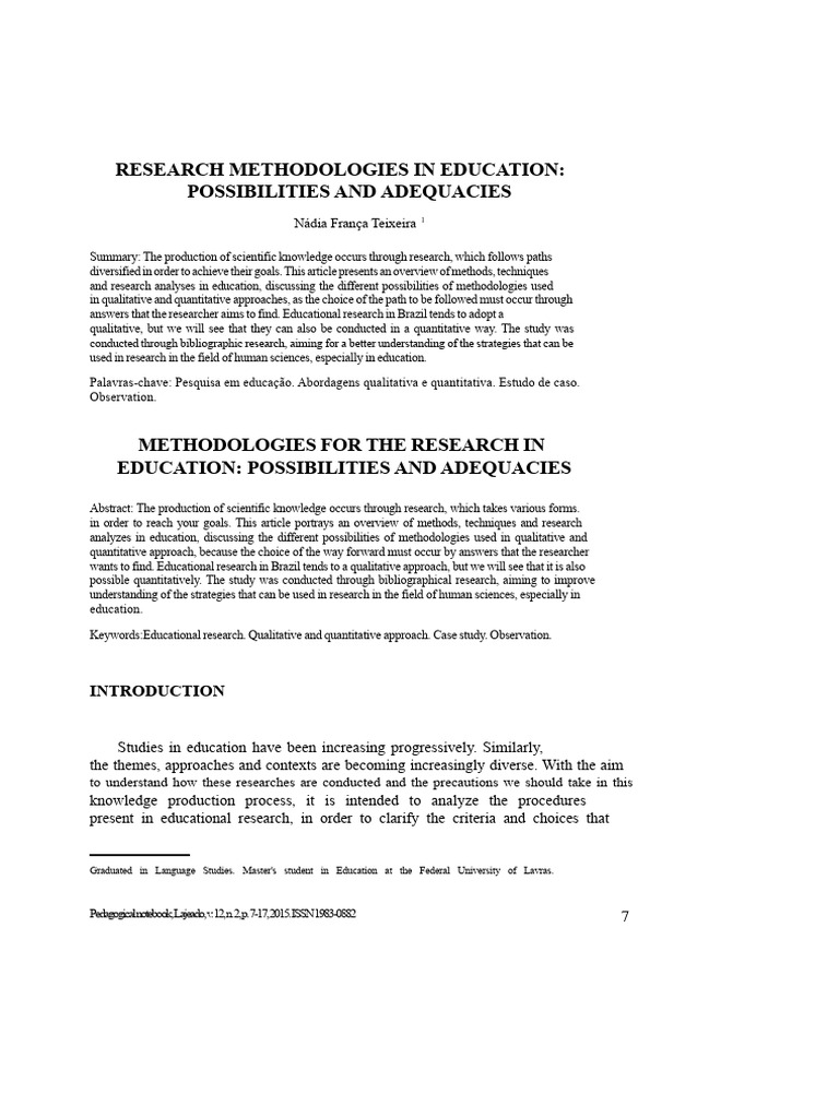 TEIXEIRA - Research Methodologies in Education | PDF | Methodology ...