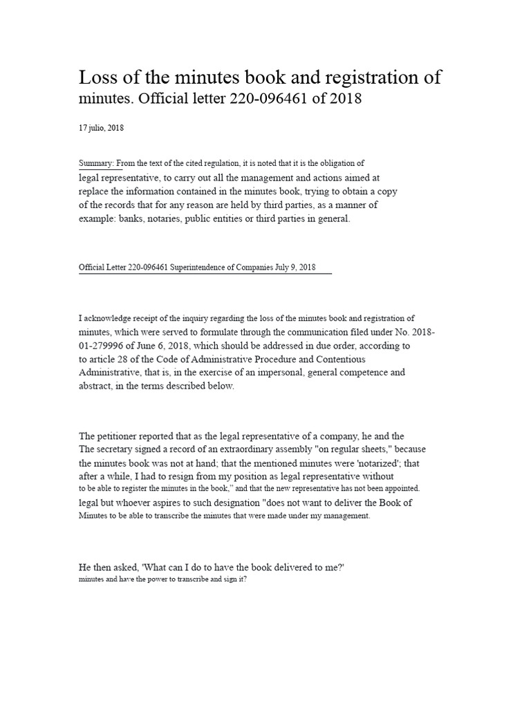 Loss of The Minutes Book and Registration of Minutes | PDF | Notary ...