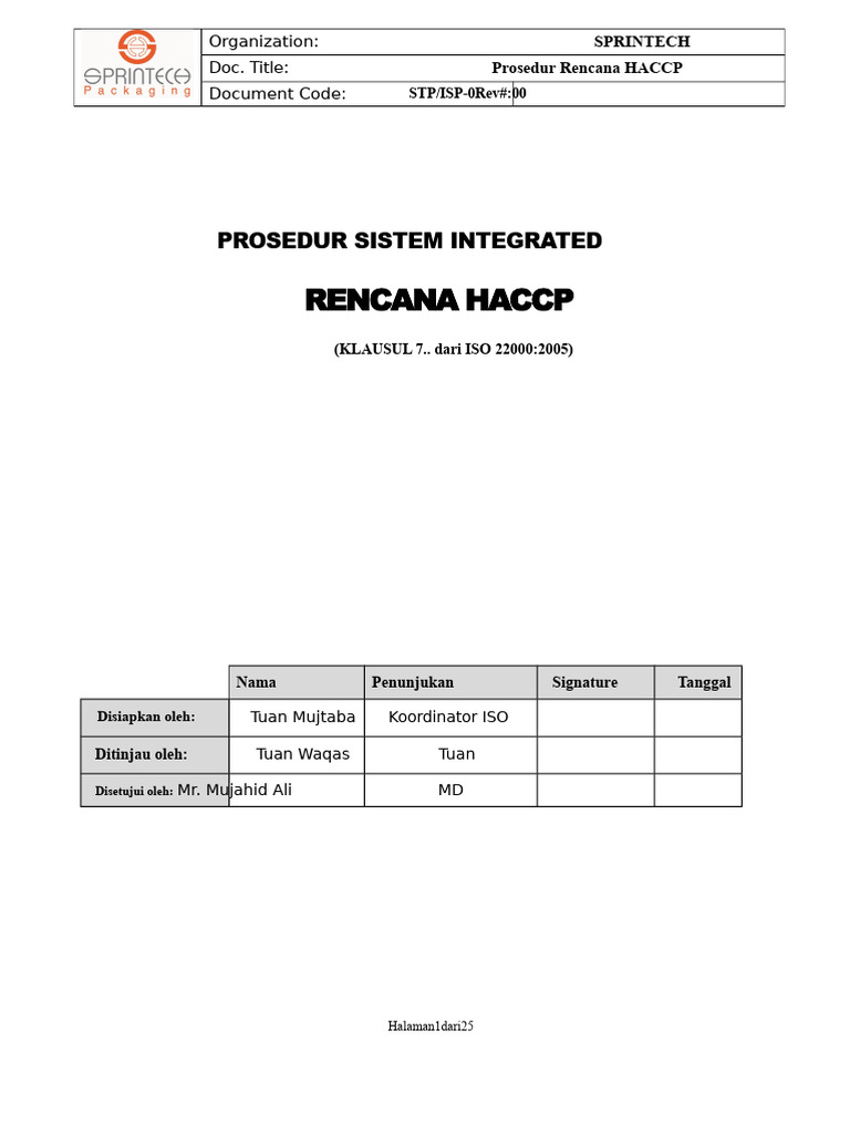 Prosedur Rencana HACCP SPRINTECH | PDF