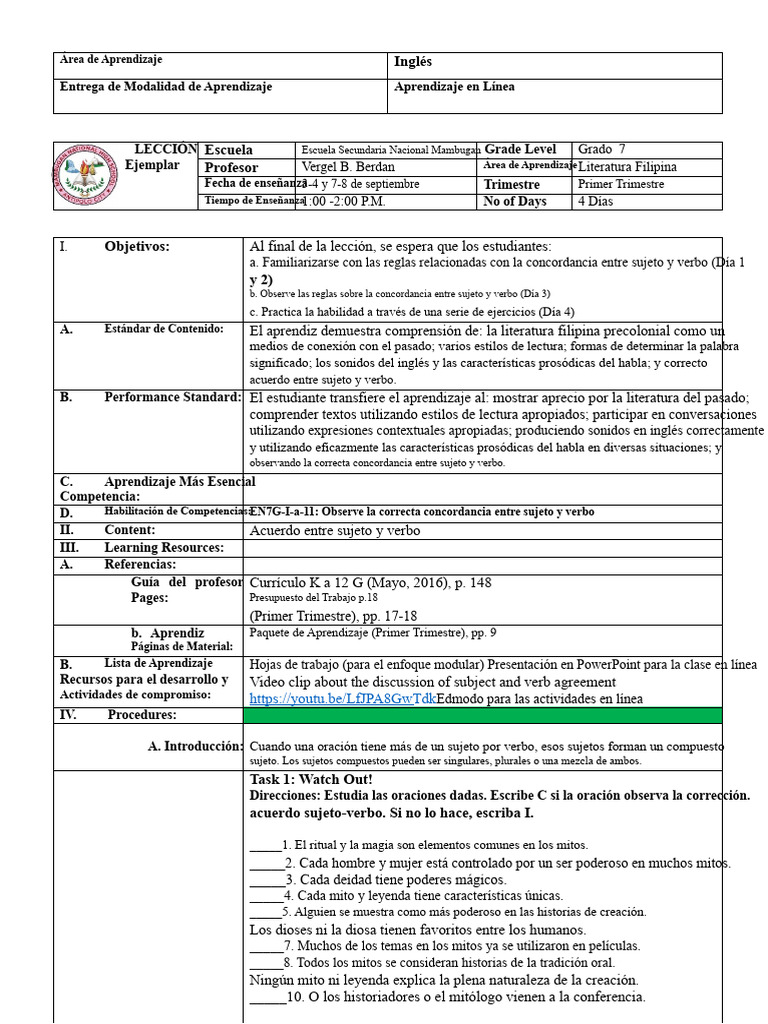 Ejemplo de Lección ACUERDO ENTRE SUJETO Y VERBO | PDF | Asunto ...