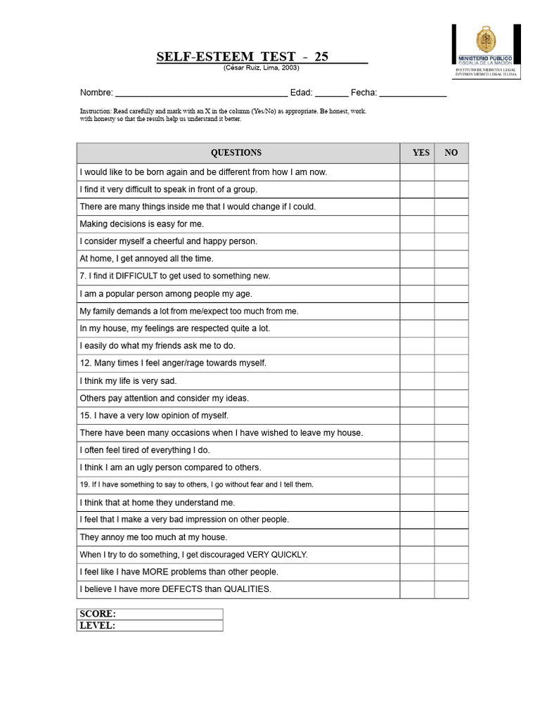 SELF-ESTEEM 25 - QUESTIONNAIRE | PDF