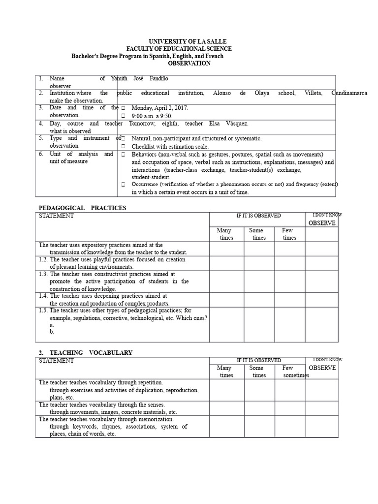 Example Observation Instruments - Survey | PDF | Vocabulary | Teachers