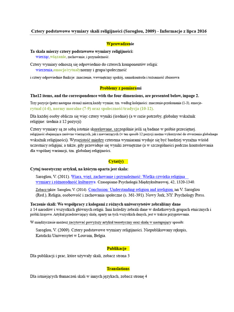 4BDRS Cztery Podstawowe Wymiary Religijności Skal Saroglou 2009 2011 | PDF