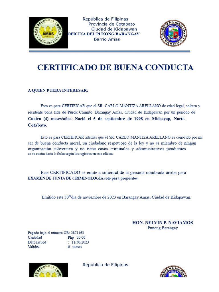 Certificados de Buena Conducta en Kidapawan | PDF | Justicia | Crimen y ...
