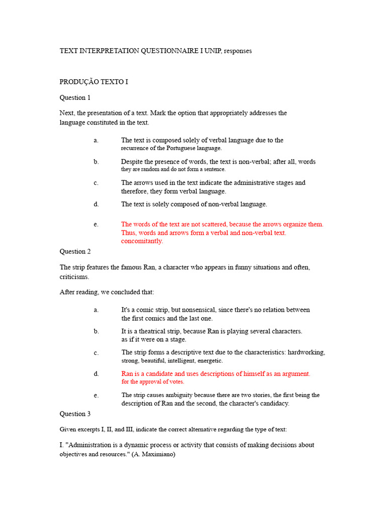 Text Interpretation Questionnaire Overview | PDF | Human Communication ...