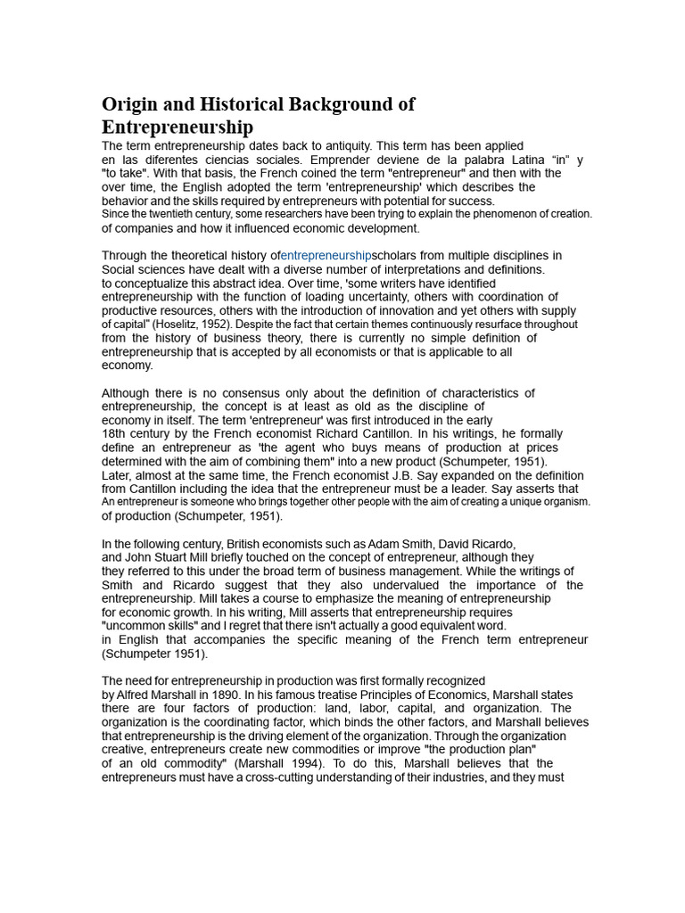 Origin and Historical Background of Entrepreneurship | PDF ...