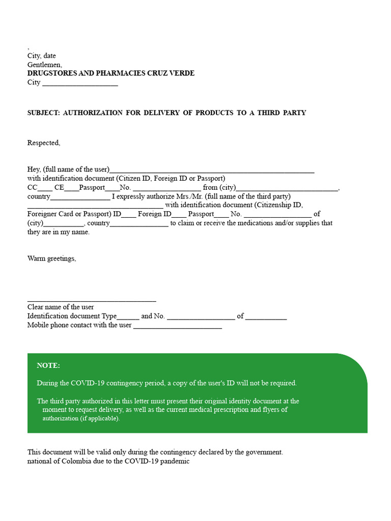 Green Cross AUTHORIZATION LETTER FORMAT PDF | PDF