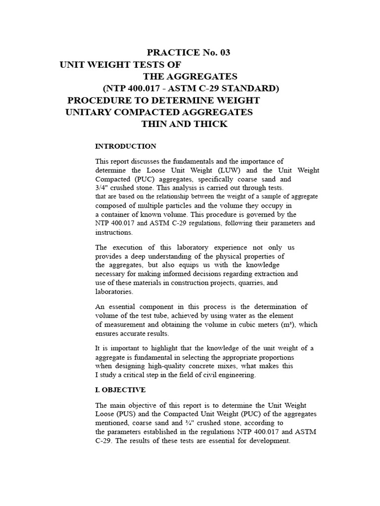 Unit Weight Tests for Aggregates | PDF | Construction Aggregate | Concrete